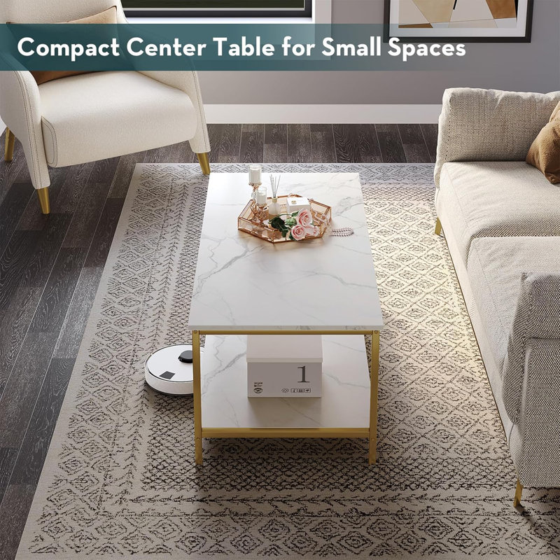 Modern 2 Tier Coffee Table for Living Room White Gold Coffee Tables Industrial Rectangle Wood Table for Large or Small Spaces Home Office Apartment